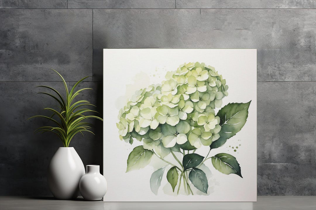 Watercolor Hydrangea Wall Art, Minimalist Floral Painting Print, Green ...
