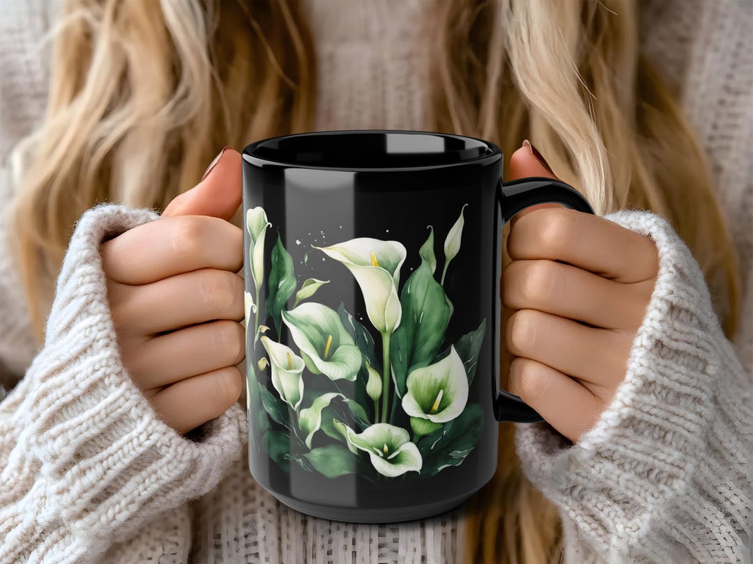 Customize Calla Lily Flower Black Ceramic Mug | Green Floral Print Name ...