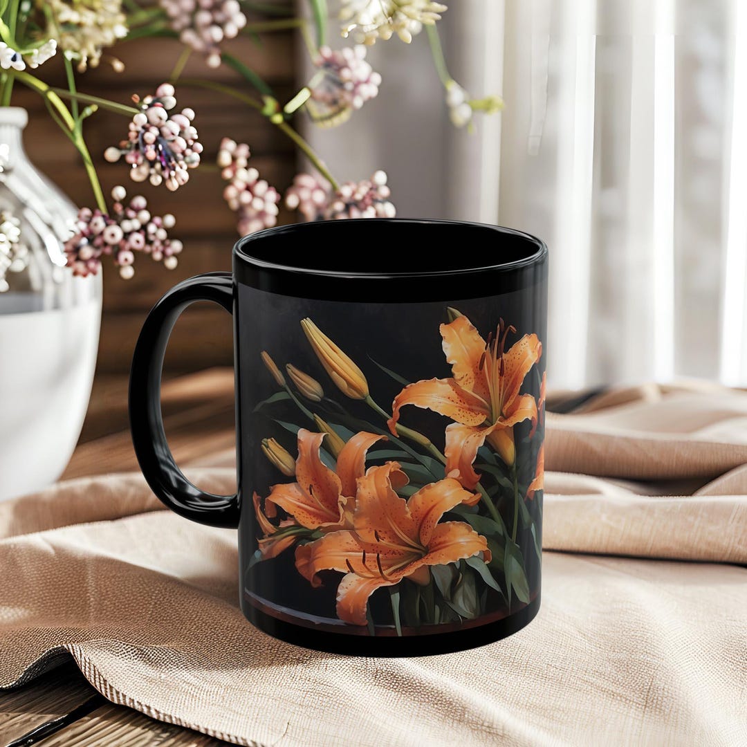 Custom Tiger Lily Black Ceramic Mug, Orange Floral Print Name Mug ...