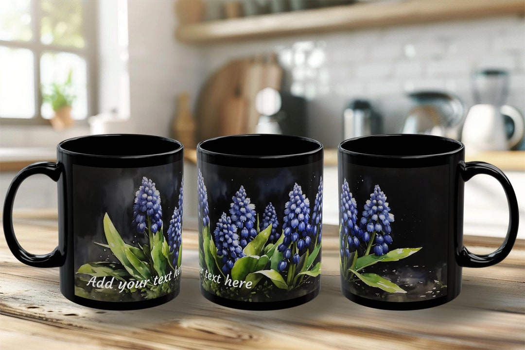 Custom Blue Flower Art on Black Ceramic Mug Blue Floral Name Mug ...