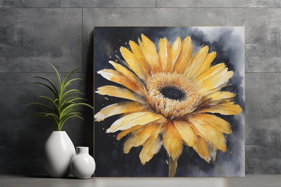 Yellow Gerbera Daisy Wall Art, Daisy Flowers Painting Canvas Print ...