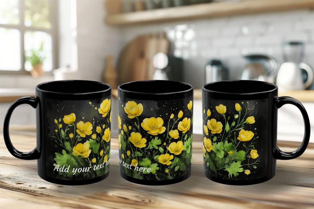 Custom Buttercup Flower on Black Ceramic Mug, Yellow Floral Print Name ...