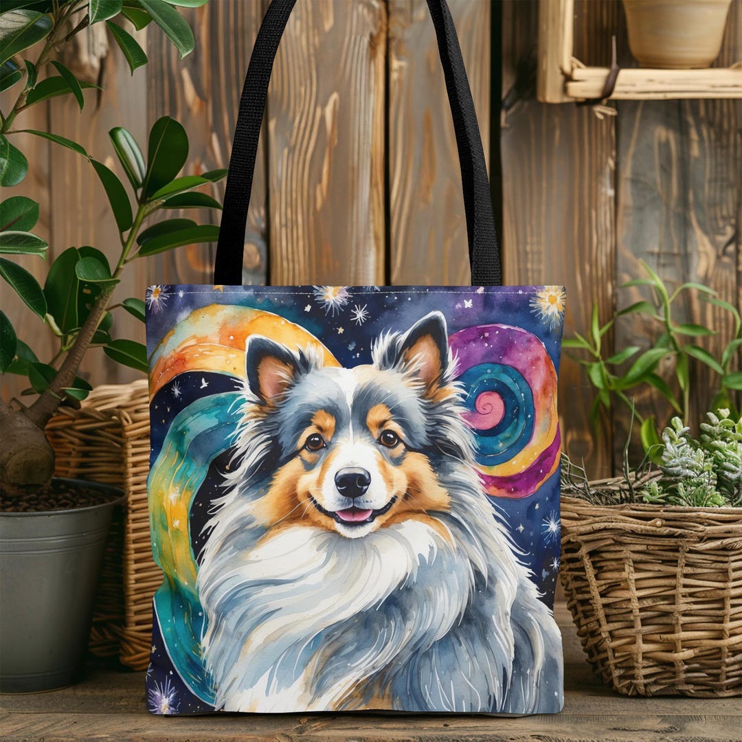 Van Gogh Starry Night Inspired Shetland Sheepdog Art Canvas Tote Bag ...