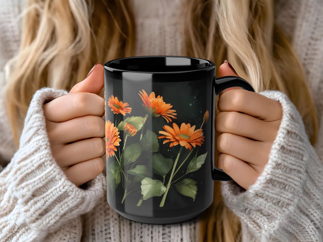 Customize Gerbera Flower Black Ceramic Mug | Orange Floral Print Name ...