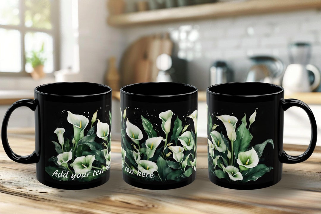 Customize Calla Lily Flower Black Ceramic Mug Green Floral Print Name ...
