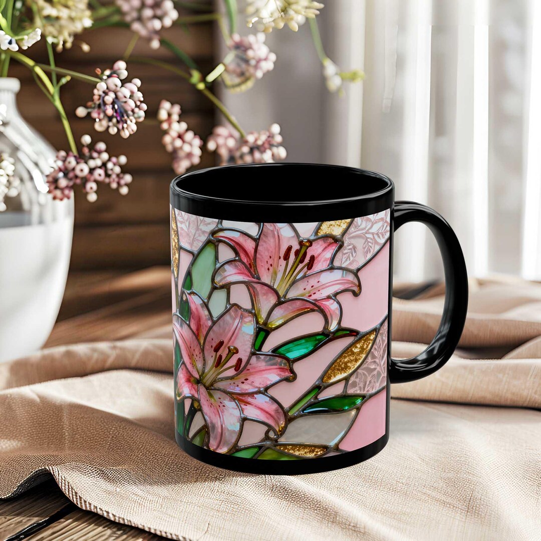 Stained Glass Pink Lily Black Mug, Oriental Lilies Print Ceramic Coffee ...