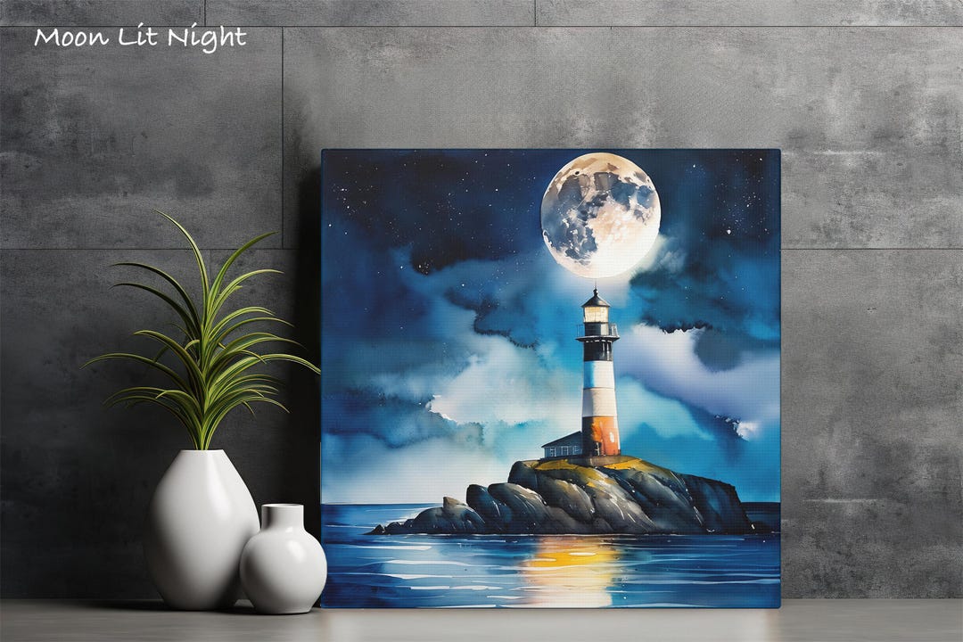 Lighthouse in Full Moon Night Wall Art Nautical Theme Watercolor Print ...