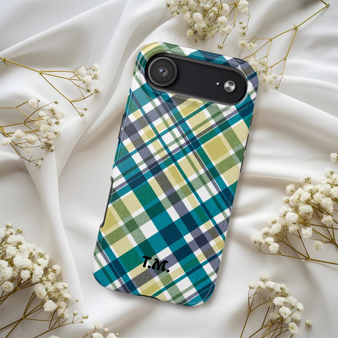 Personalized Blue Green Plaid Phone Case, Tartan Phone Cover, Tough ...