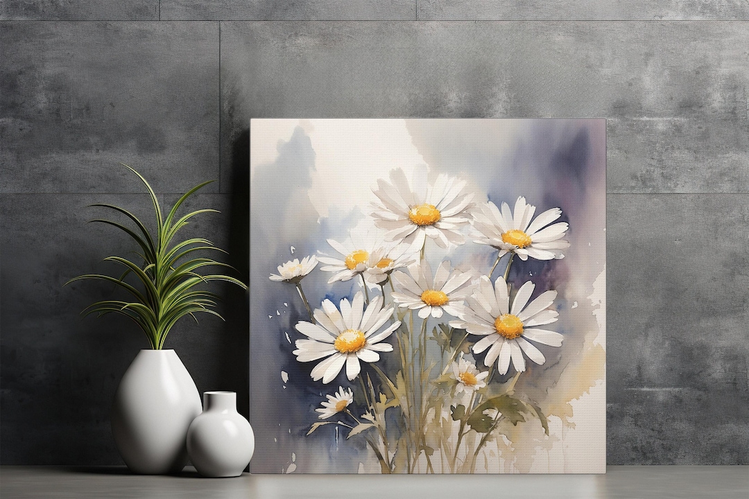 April Daisy Flower Wall Art Watercolor Birth Flower on Wrap Canvas ...