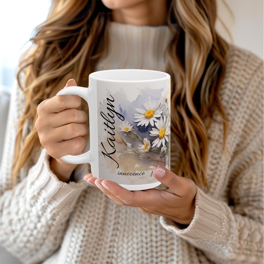 Custom April Birth Flower Coffee Mug | Custom Name White Floral Tea Cup ...
