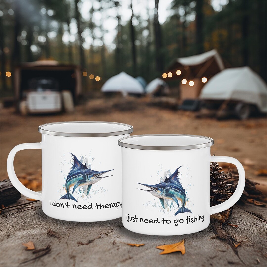 Funny Marlin Fishing Camp Mug, Watercolor Marlin Enamel Coffee Mug ...