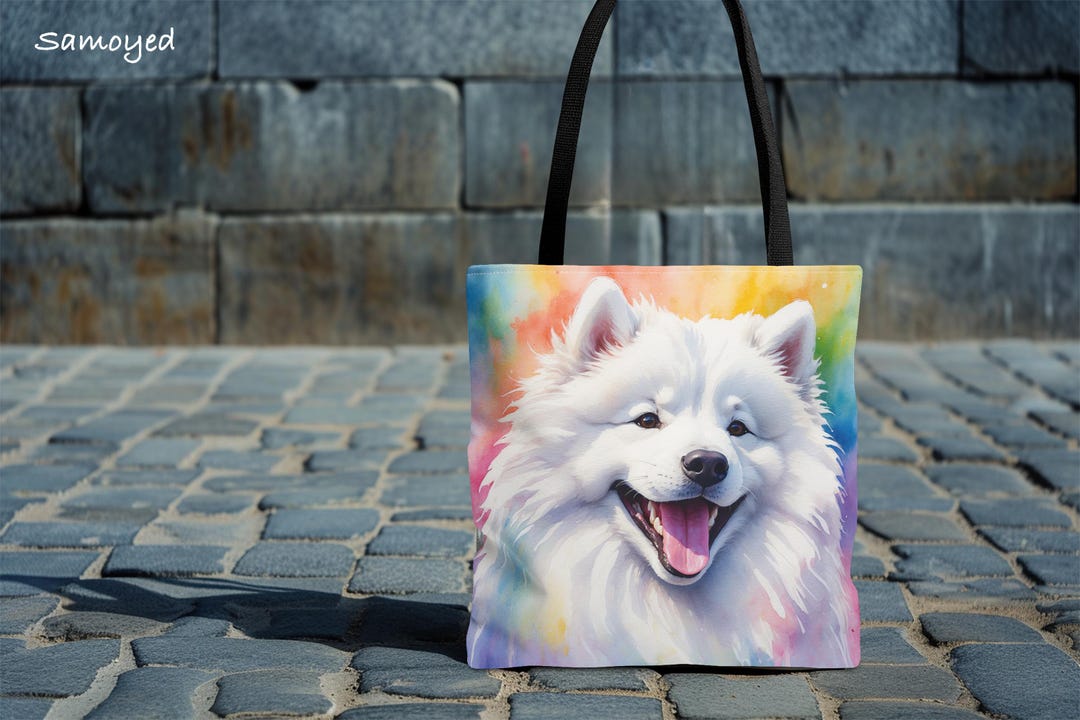 Watercolor Rainbow Samoyed Art Canvas Tote Bag | Unique Colorful Sammie ...