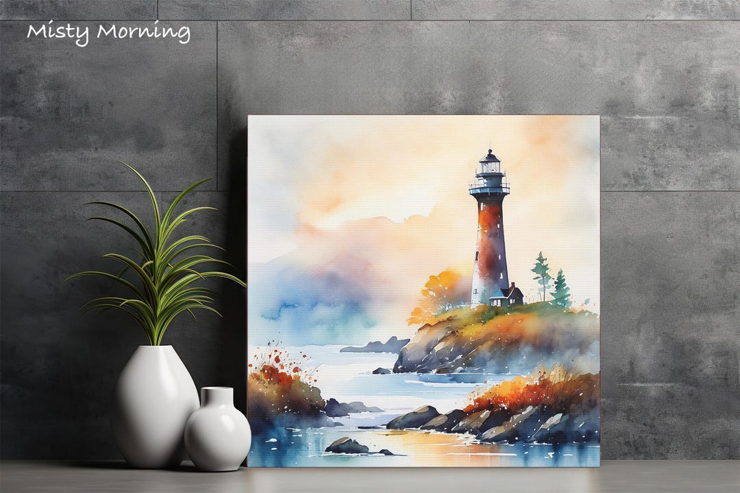 Lighthouse in Misty Morning Wall Art | Nautical Theme Watercolor Print ...