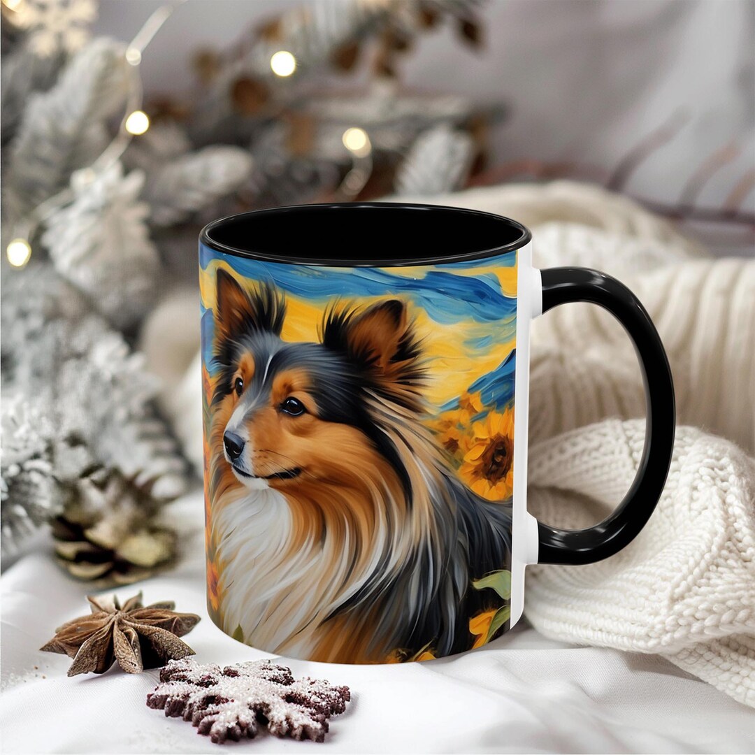 Custom Van Gogh Shetland Sheepdog Coffee Mug, Sunflower Sheltie Ceramic ...