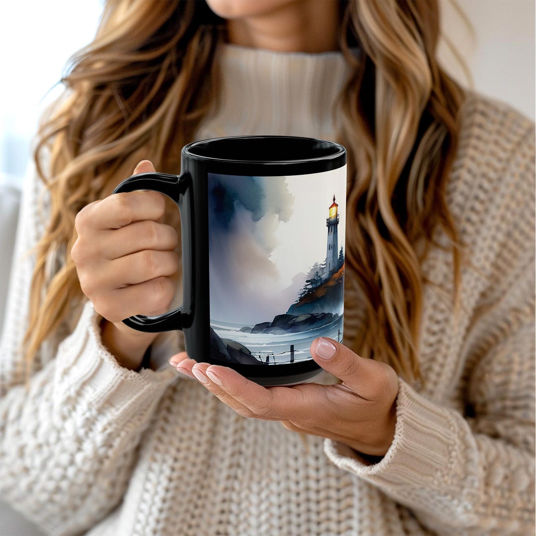 Custom Lighthouse in Foggy Night Art Print Ceramic Mug, Personalize ...