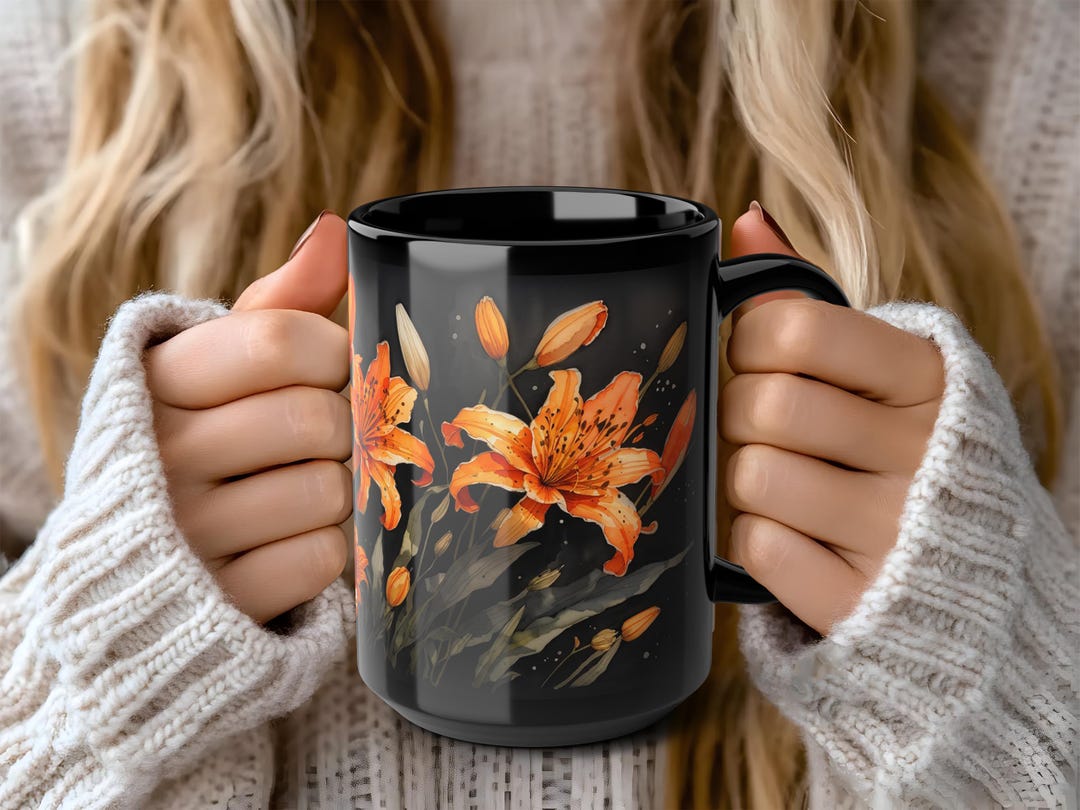 Custom Tiger Lily Black Ceramic Mug | Orange Floral Print Name Mug ...