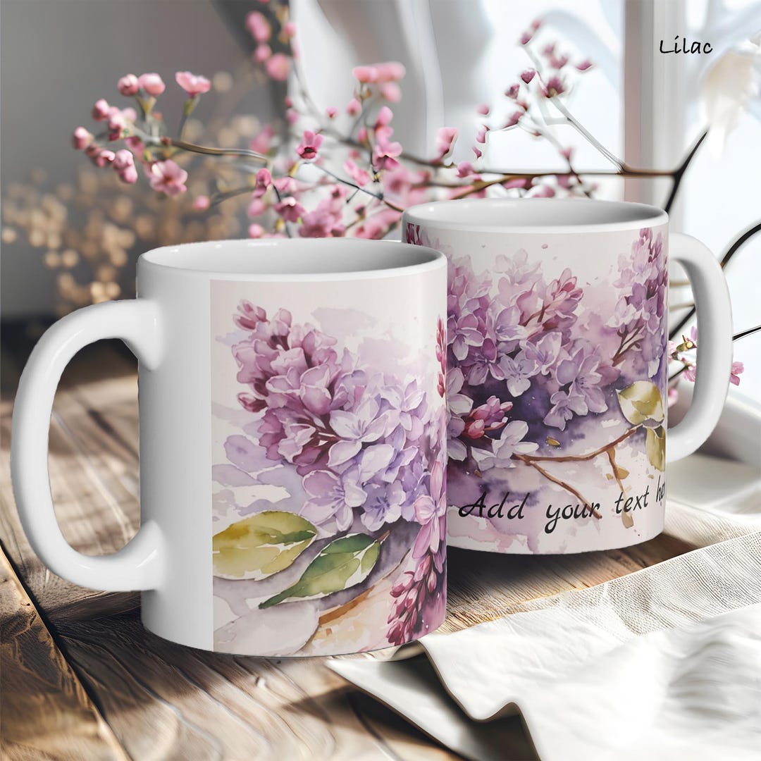 Customize Purple Lilac Flower Ceramic Mug, Floral Print Name Mugs ...