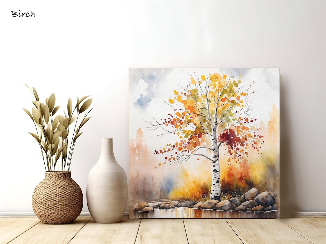 Fall Birch Tree Wall Art Autumn Vibe Watercolor Print Canvas Minimalist ...