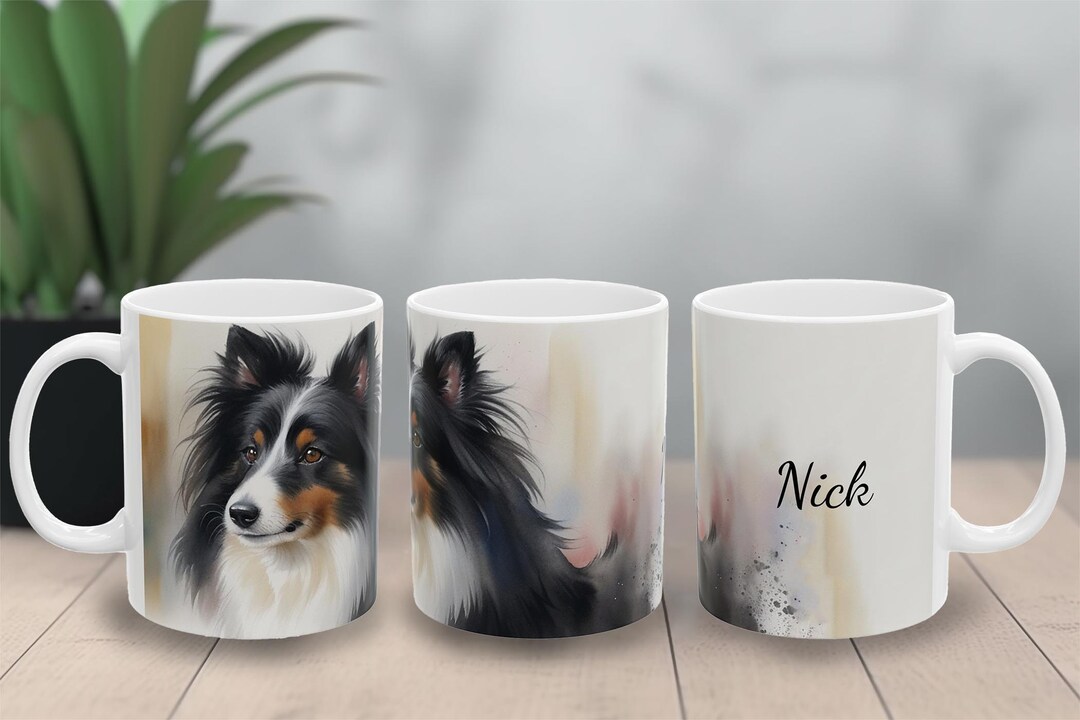 Custom Tri Color Sheltie Ceramic Coffee Mug | Watercolor Sheltie Name ...