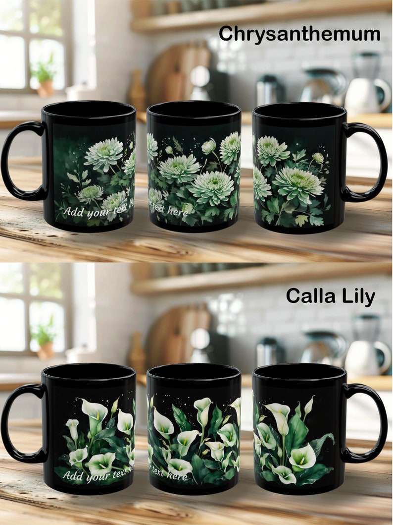 Customize Calla Lily Flower Black Ceramic Mug Green Floral Print Name ...