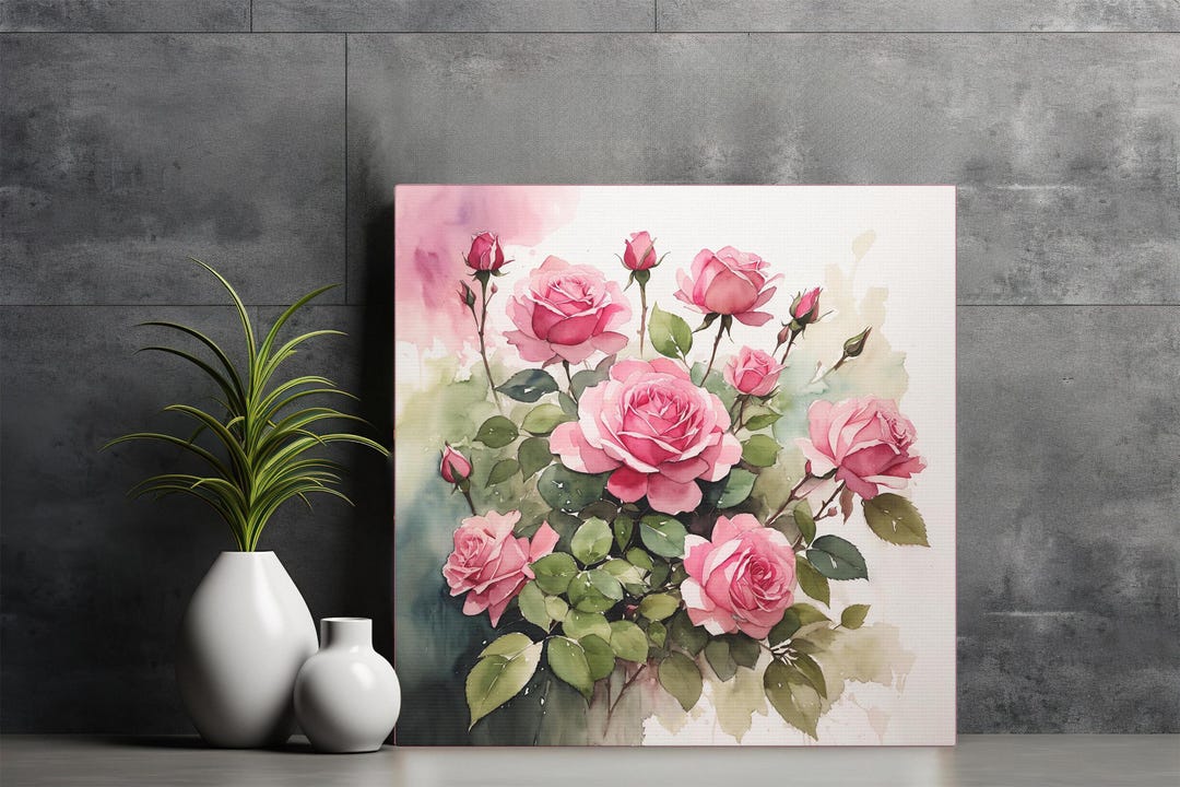 Rose Flower Wall Art, Watercolor Floral Canvas Print, June Pink Roses ...