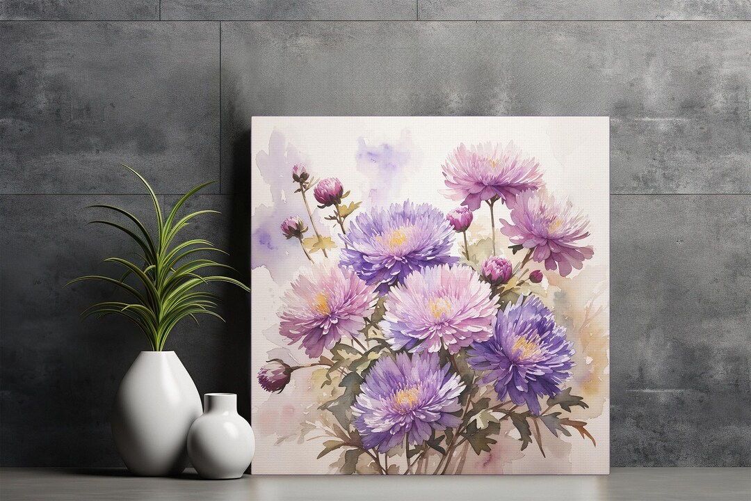 September Aster Flower Wall Art Watercolor Floral Print on Wrap Canvas ...