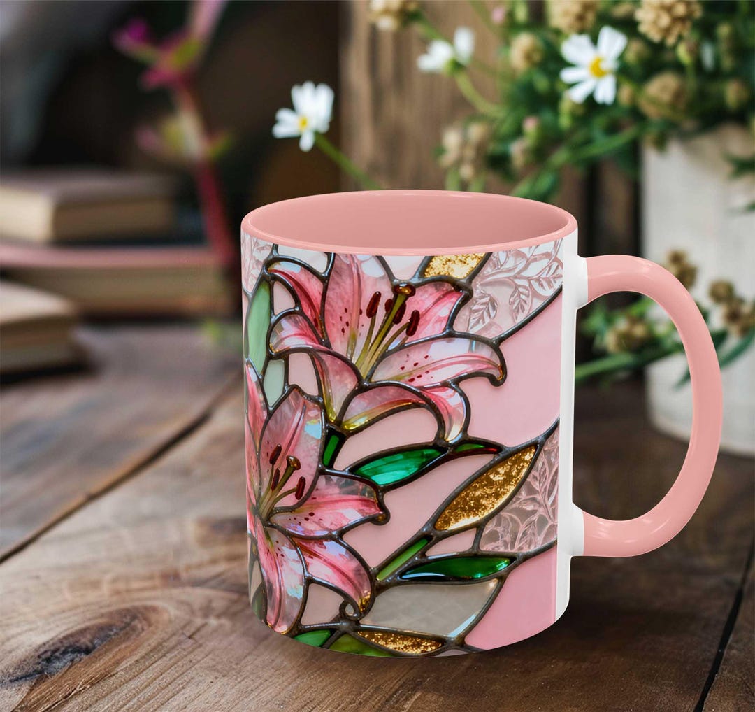 Stained Glass Oriental Lily Color Mug, Pink Floral Print Ceramic Coffee ...
