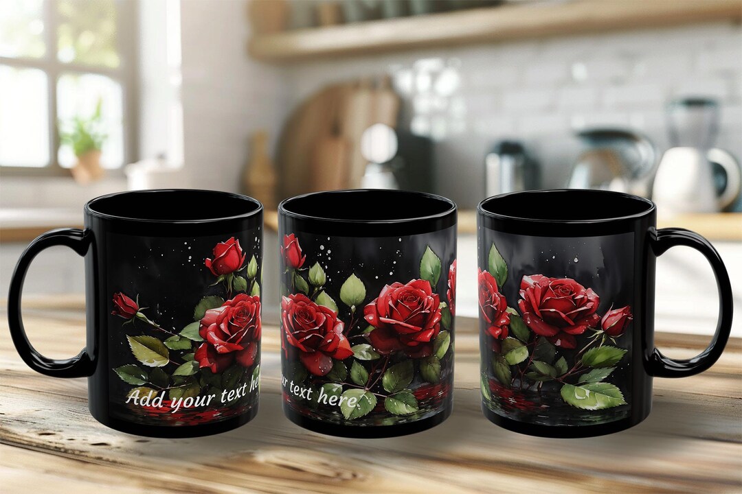 Custom Red Rose Flower Art Black Ceramic Mug Red Floral Name Mug ...