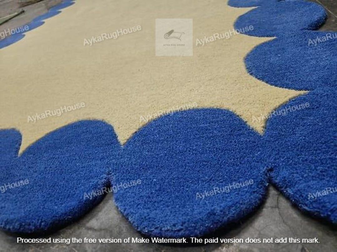 Scalloped Blue Squiggle Rug 9x12 100% New Zeeland Wool Rug Use for ...