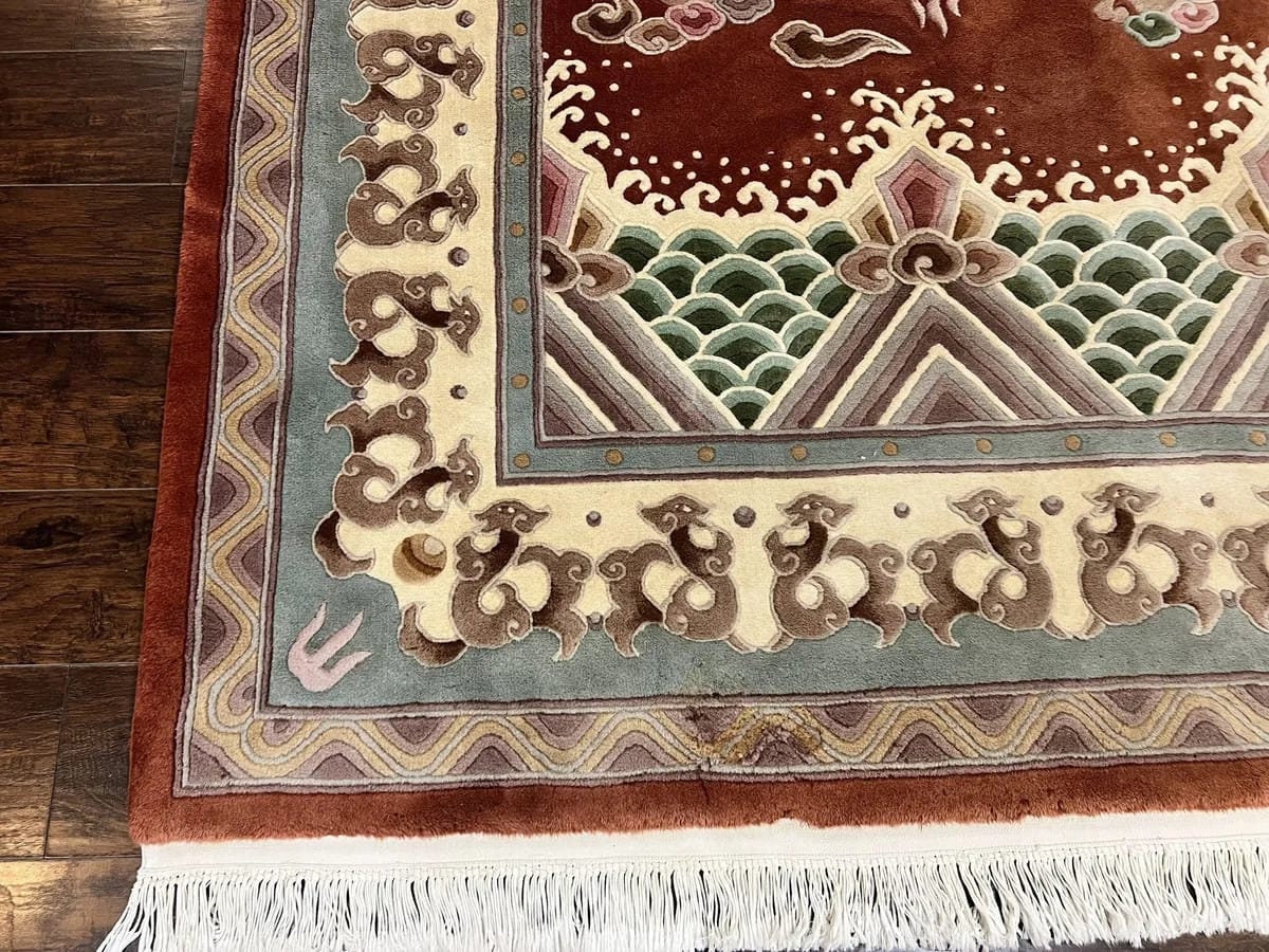 Red Chinese Wool Rug With Dragons 9x12 Art Deco Oriental Carpet 90 Line ...
