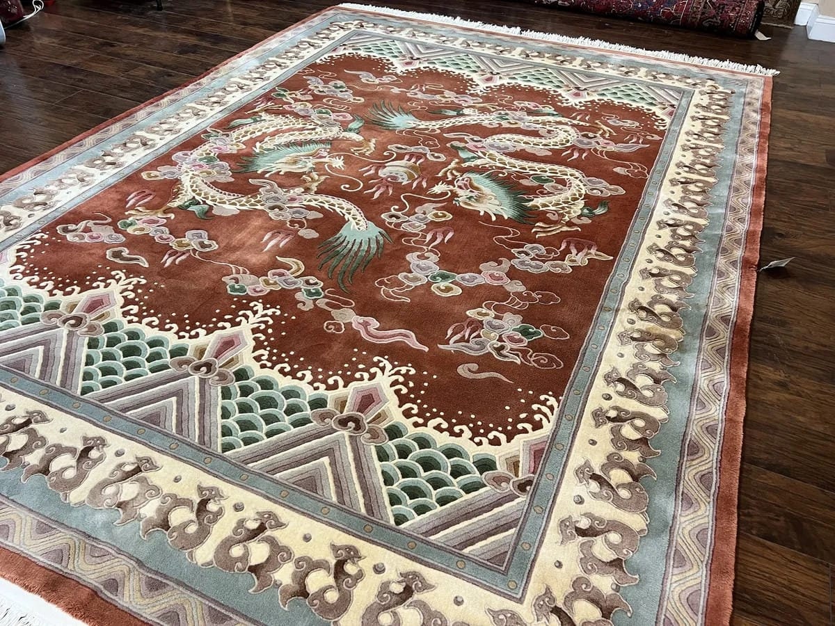 Red Chinese Wool Rug With Dragons 9x12 Art Deco Oriental Carpet 90 Line ...