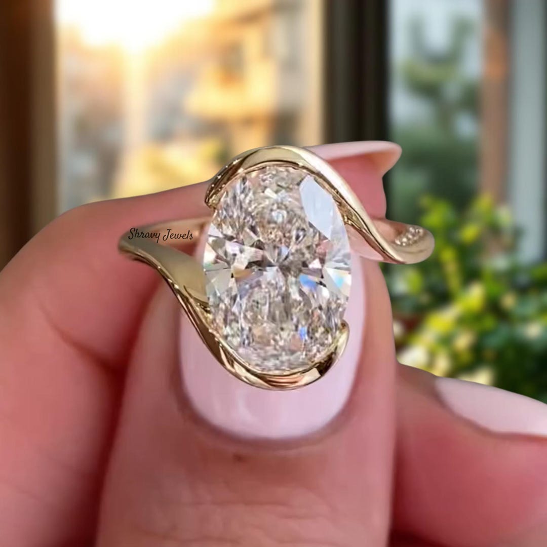 3 Ct Oval Bypass Moissanite Engagement Ring Large Stone Half Bezel Set ...