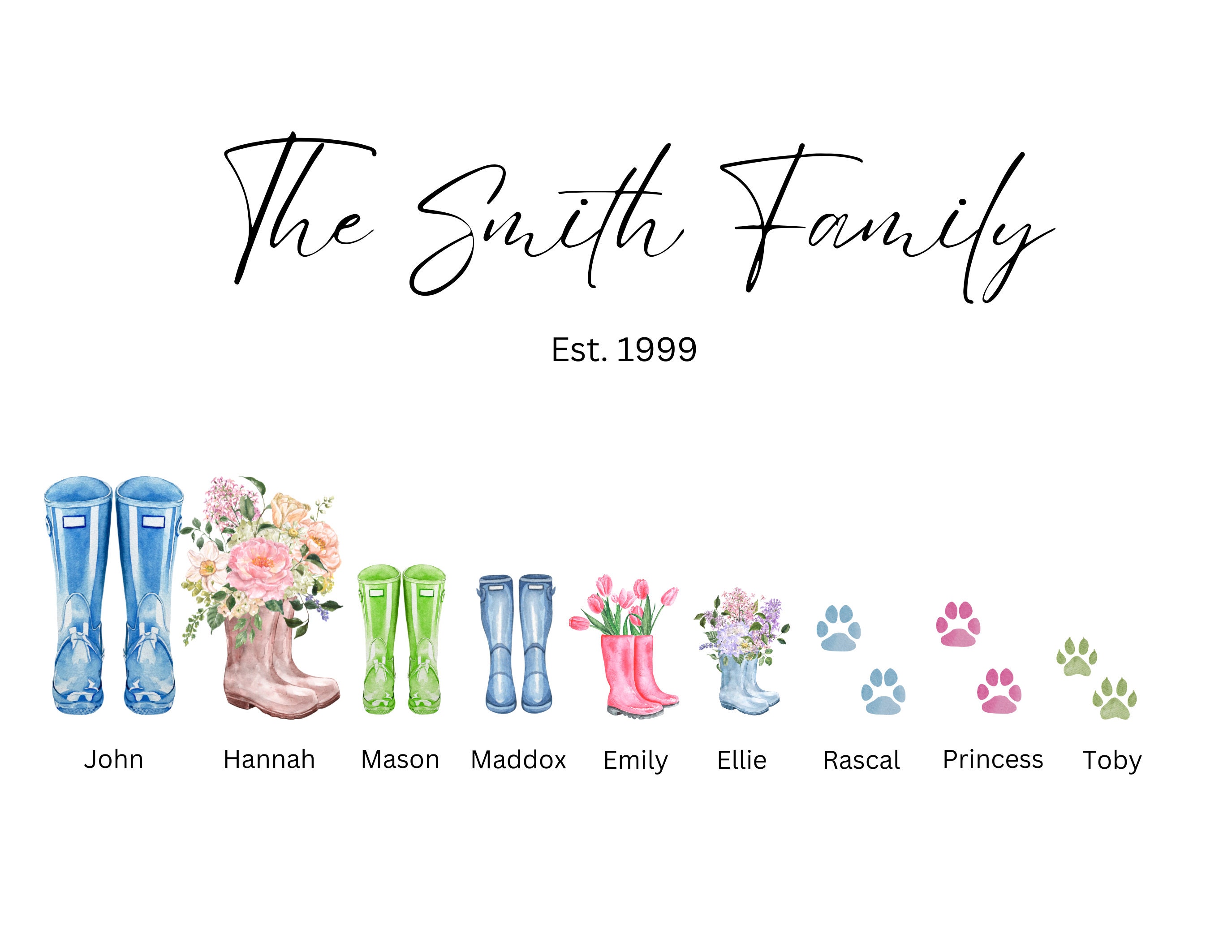 Personalized Family Rainboot Print, Family Wellie Print, Family Print ...