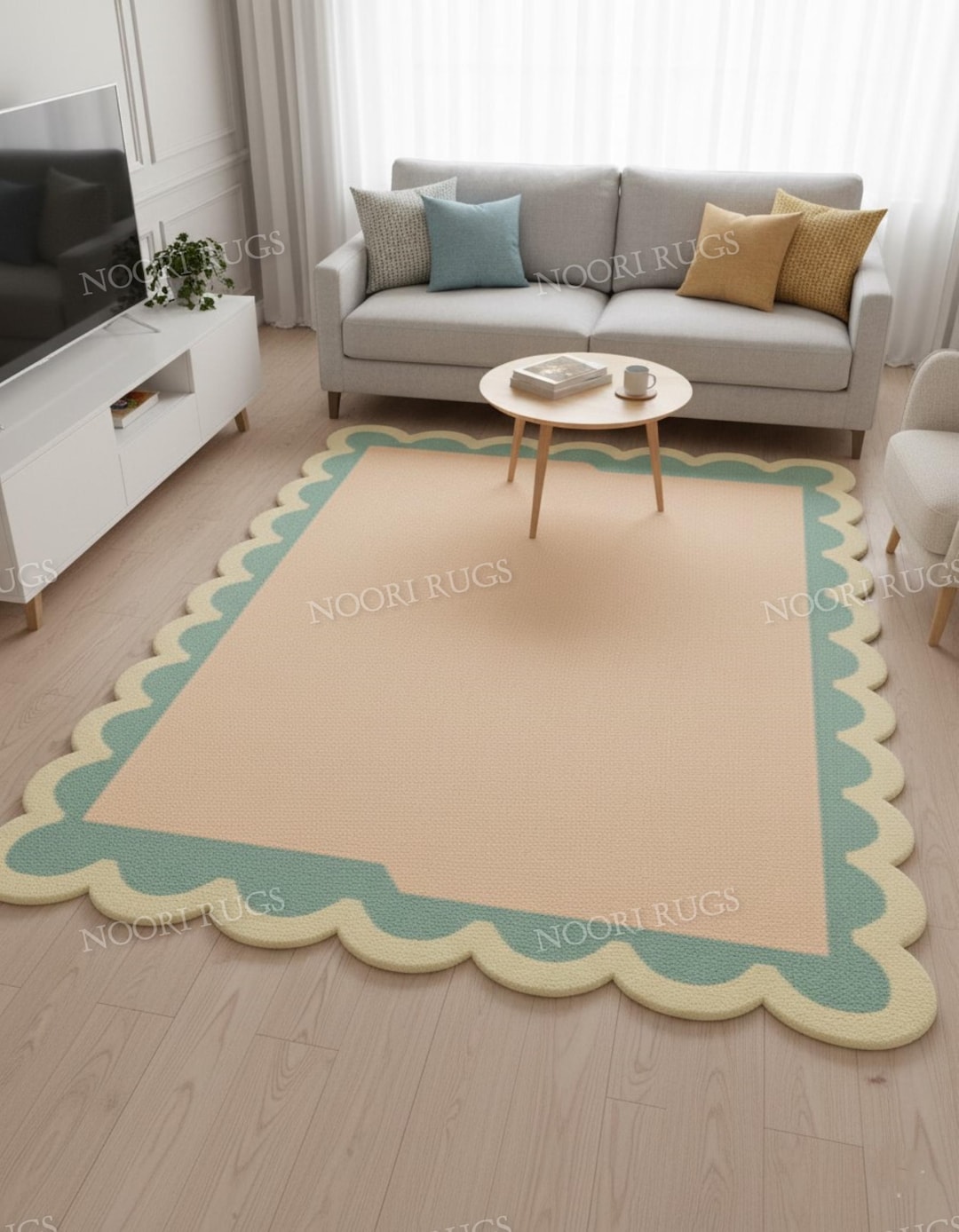 Hand Tufted Scallop Edge Wool Rug – Peach, Aqua & Cream - Etsy
