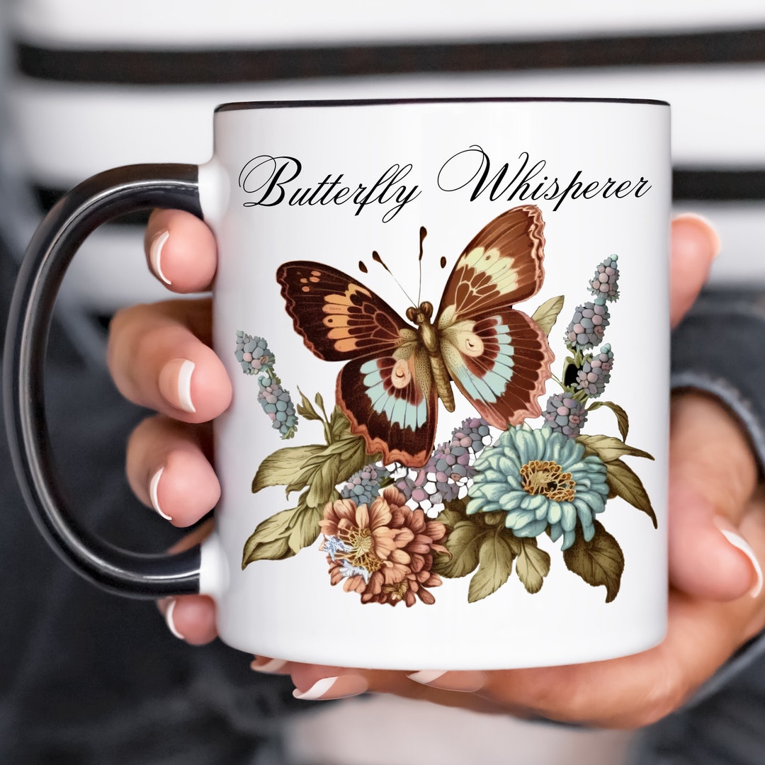 Retro Floral Butterfly Mug, Flower Butterfly Whisperer Unique Ceramic ...
