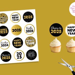 2025 New Year Party Cupcake Toppers Black and Gold New Years Party ...
