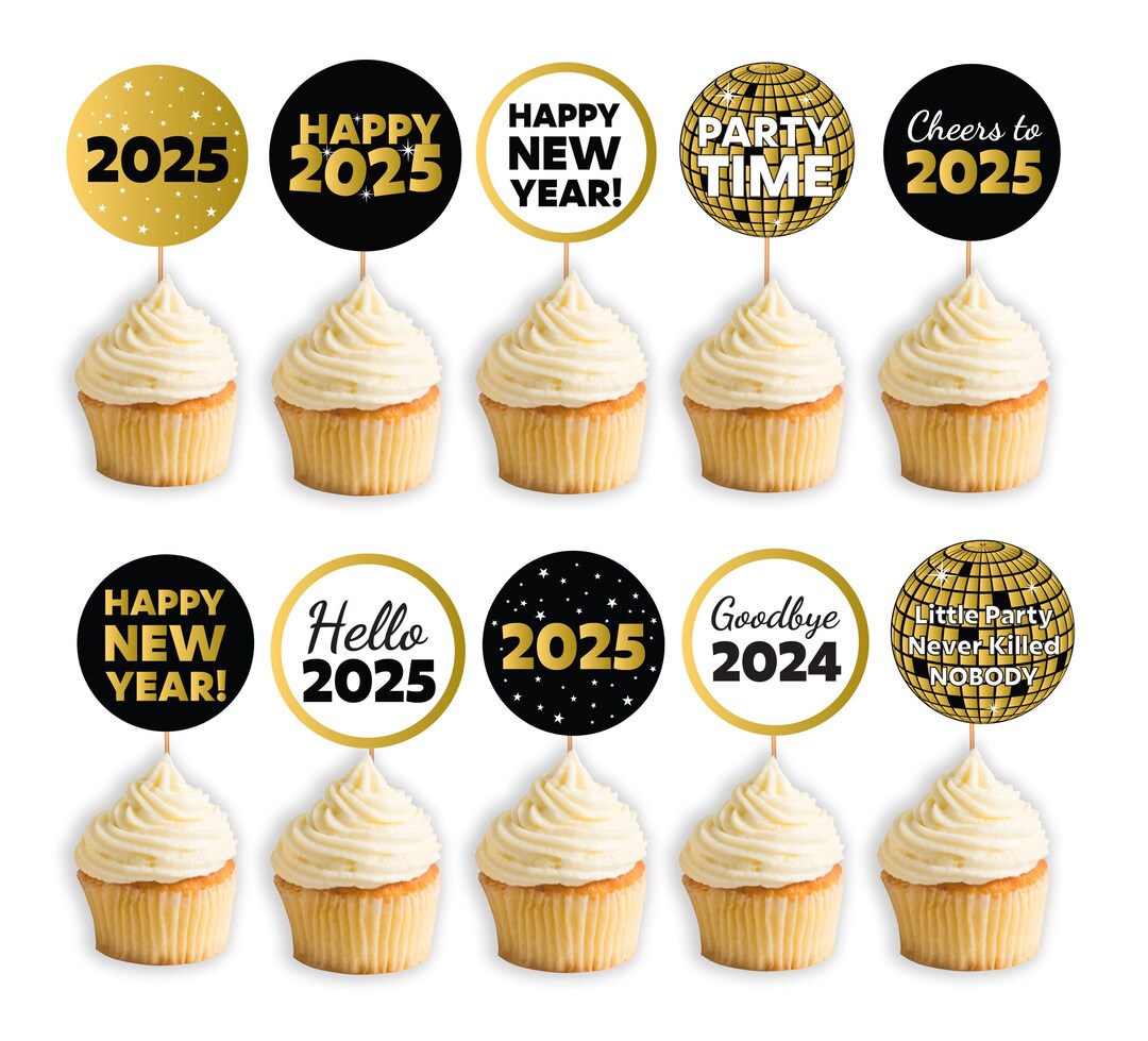 2025 New Year Party Cupcake Toppers Black and Gold New Years Party ...