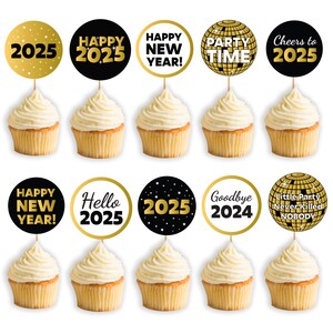 2025 New Year Party Cupcake Toppers Black and Gold New Years Party ...