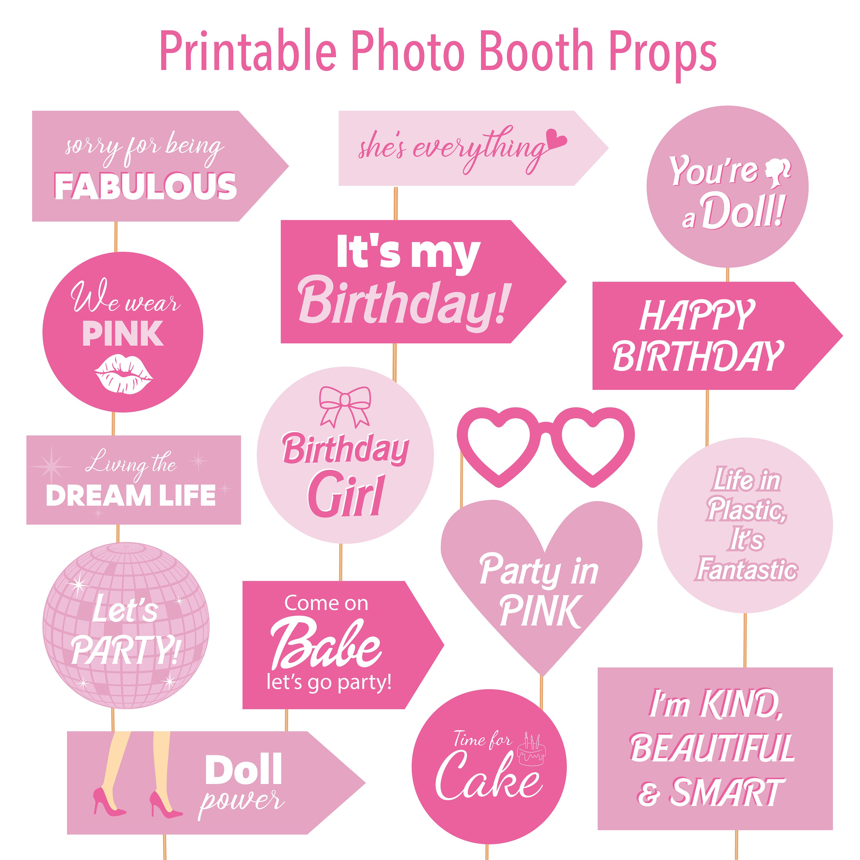 Doll Birthday Party Photo Booth Props Birthday Girl Pink Doll Party ...