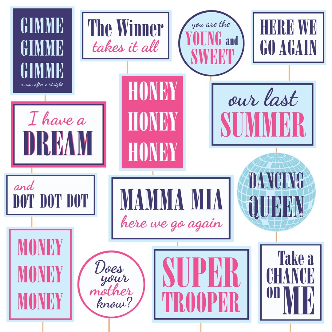 Mamma Mia Photo Booth Props Disco Party ABBA Printable Decorations ...
