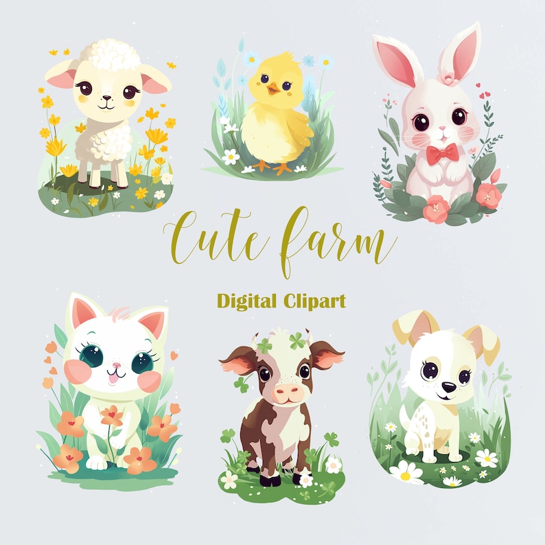Cute Farm Clipart, Farm Animals Digital Clipart, PNG, Farm Baby Clipart ...