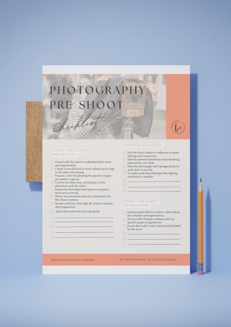Photography Pre-shoot Checklist Template: Session Prep Planner (PDF) - Etsy