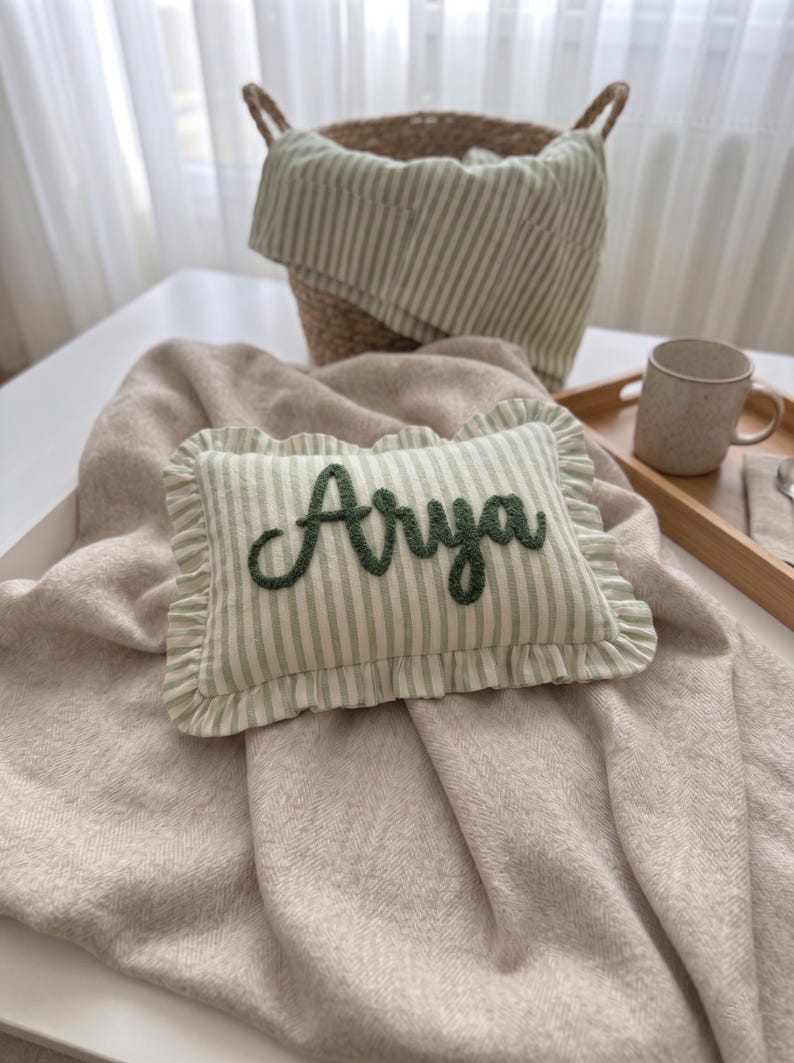 Personalized Punch Needle Baby Name Striped Ruffled Pillow: Nursery ...