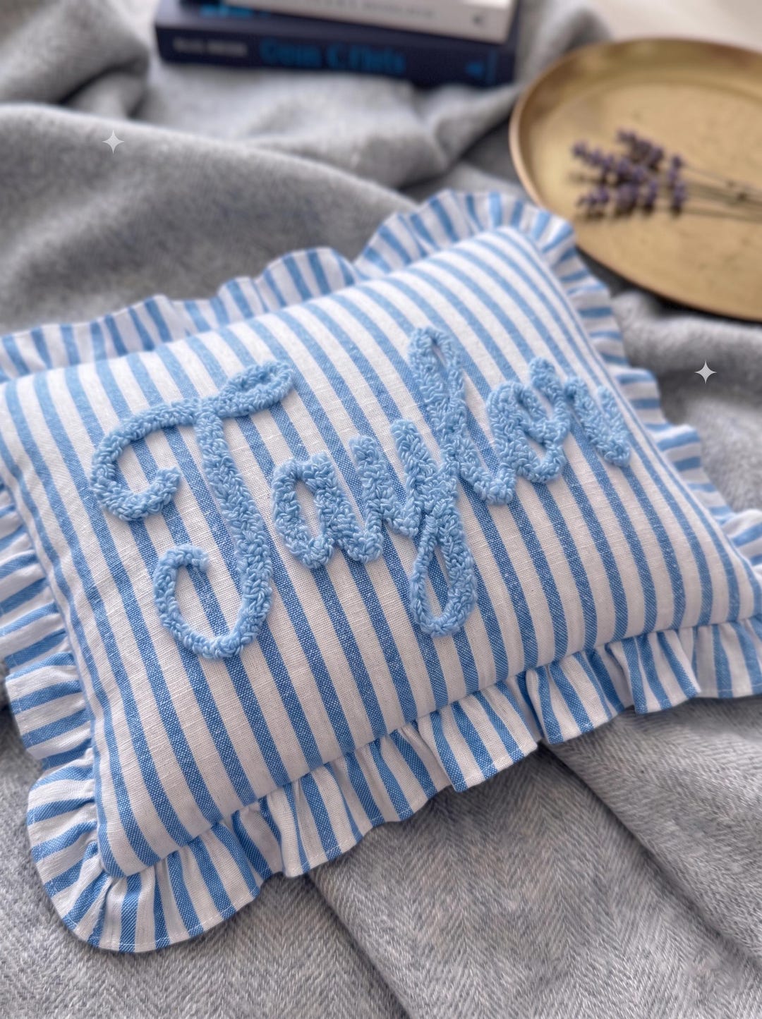 Personalized Punch Needle Baby Name Striped Ruffled Pillow: Nursery ...