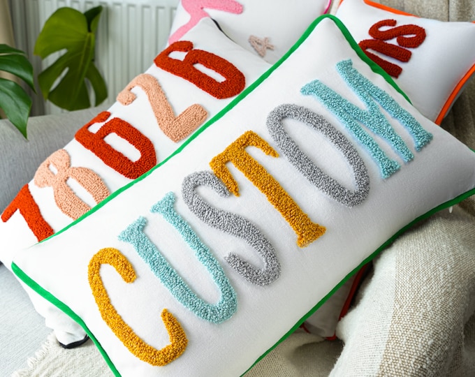 Monogram Embroidered Pillow, Initial Punch Needle Pillow, Custom Lumbar ...