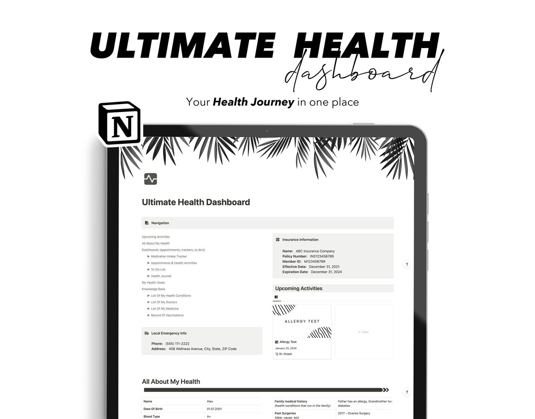 Ultimate Health Dashboard | Healthcare Planner, Notion Template, Health ...