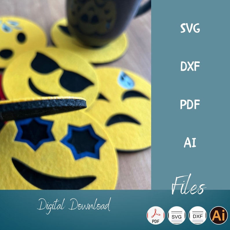 23 Round Wonderful Emoji Coasters, Ready for Laser Cutting, Easy to Use ...