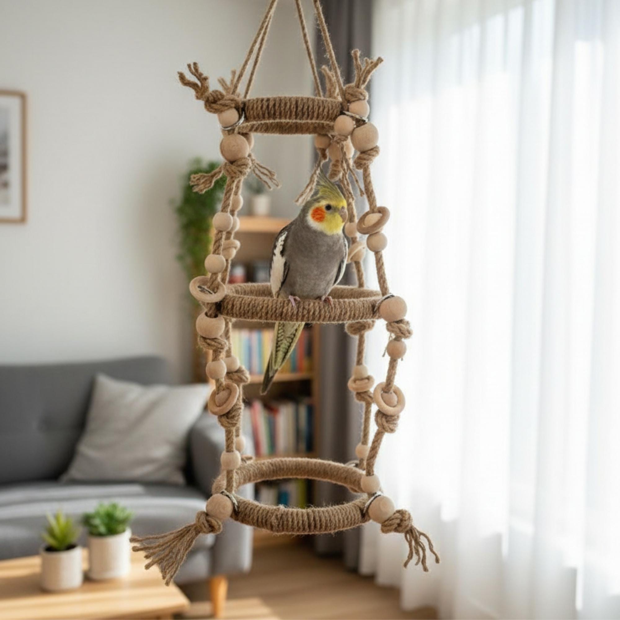 Natural Hanging Bird Gym – Multi-level Cotton Rope Perch for Birds ...