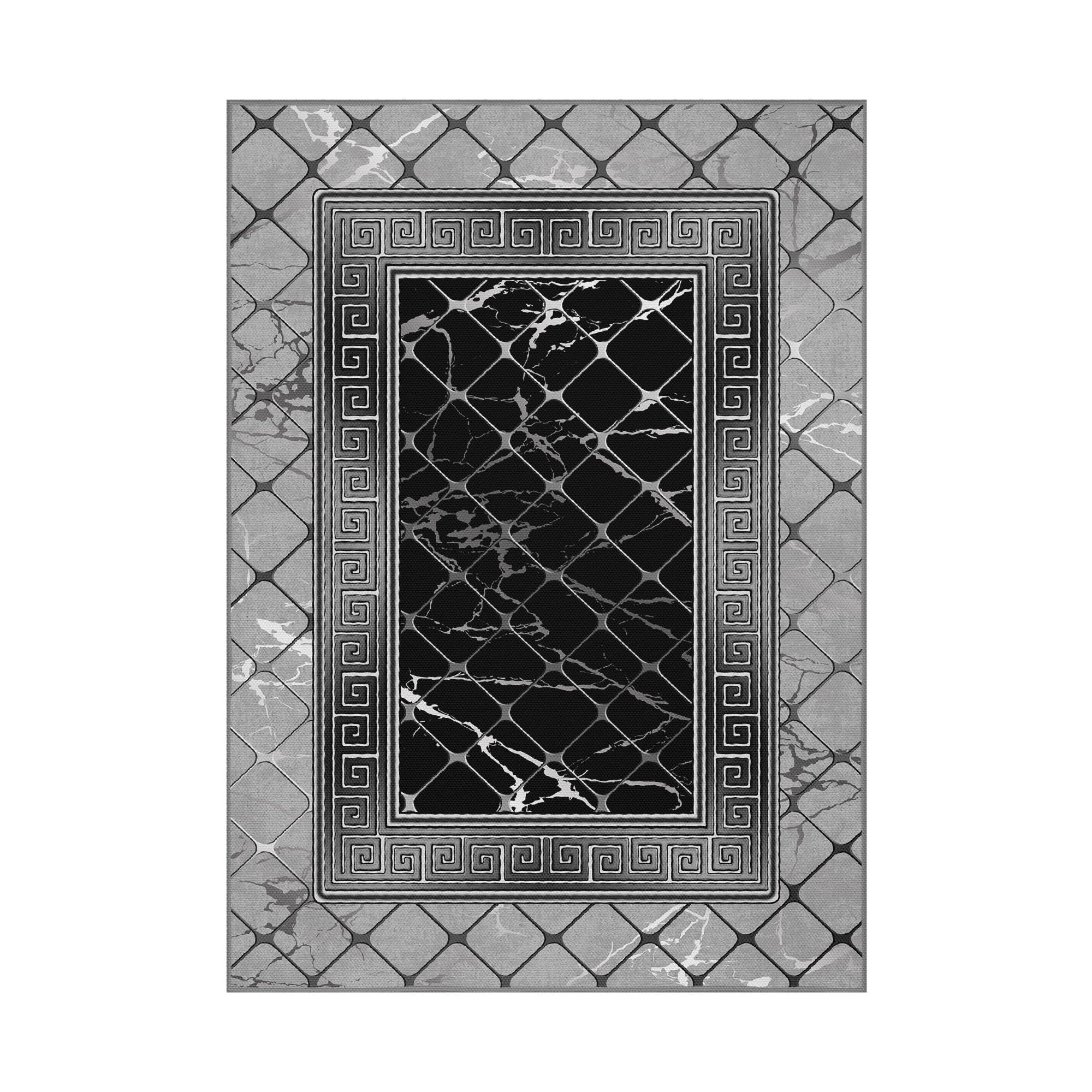 Gray and Black Marble Area Rug With Greek Key and Silver Accents ...