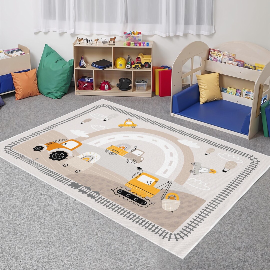 Construction Vehicles and Road Kids Rug, Faux Leather, Machine Washable ...